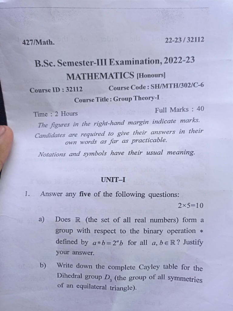 Group Theory Exam Questions | PDF | Group (Mathematics) | Mathematical ...