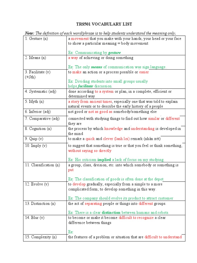 TRS501 Vocabulary List for Students | PDF | Gesture | Cognition