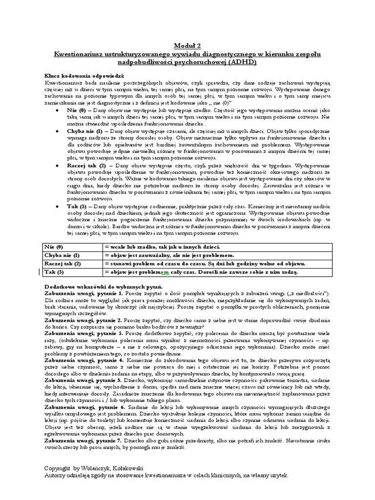 Kwestionariusz ADHD Wraz Z Instrukcją | PDF