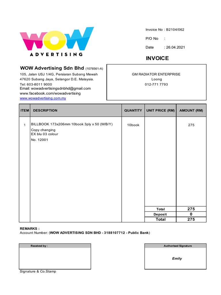 Invoice B2104/062 for WOW Advertising | PDF