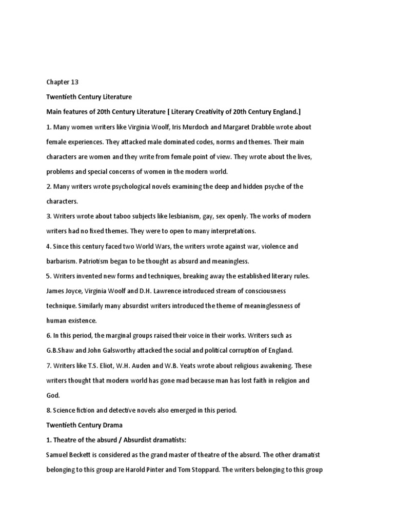 Twentieth Century Literature Main Features of 20th Century Literature ...
