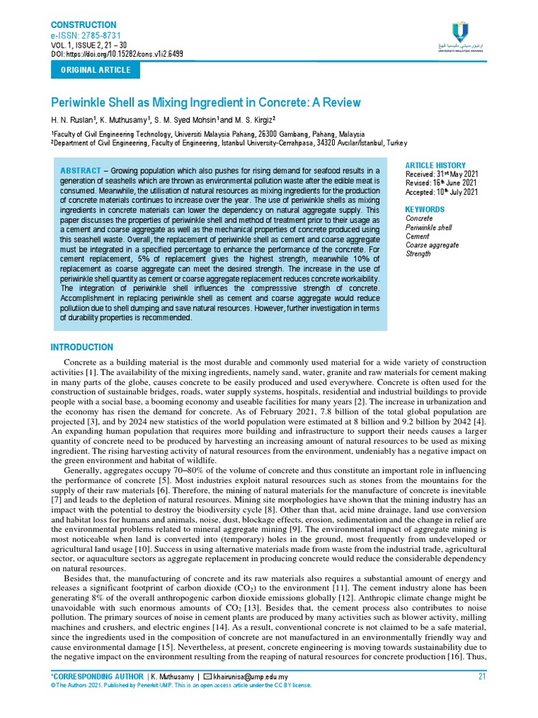 Periwinkle Shell As Mixing Ingredient in Concrete: A Review: e-ISSN ...