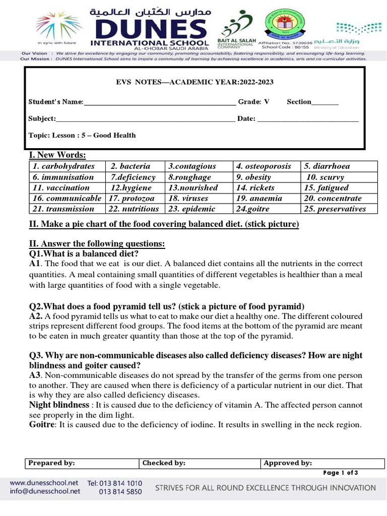 Grade 5 - Notes Lesson 5 - Good Health | PDF | Nutrients | Healthy Diet