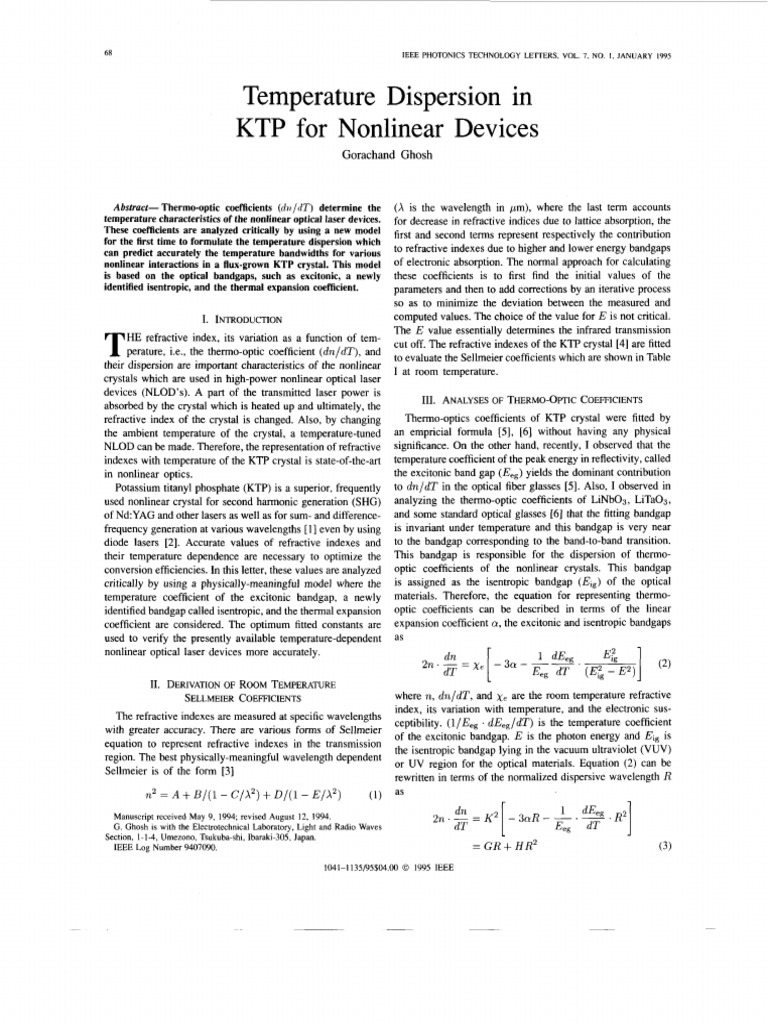 Temperature Dispersion in KTP For Nonlinear Devices | PDF | Nonlinear Optics | Dispersion (Optics)