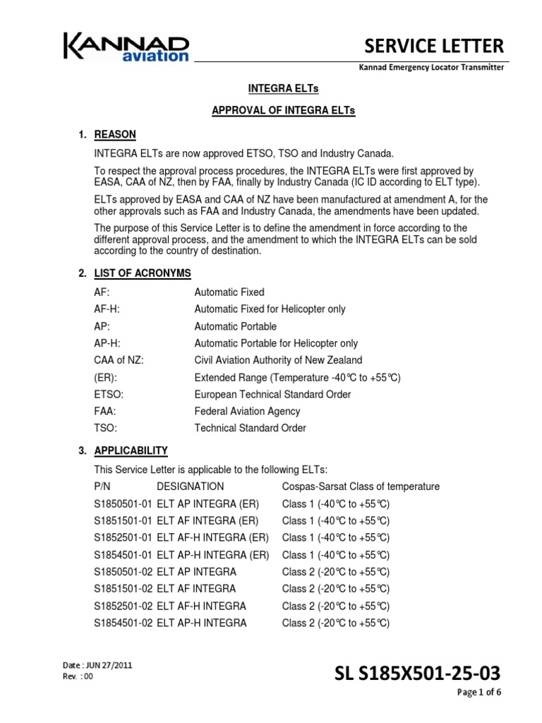 SL S185X501-25-03 (V00) INTEGRA ELTs Approvals - 0 | PDF | Federal ...
