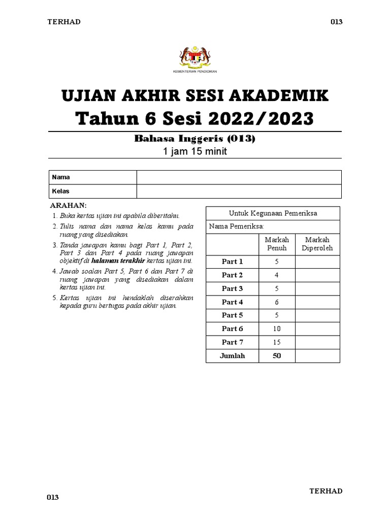 Ujian Bahasa Inggeris Tahun 6 | PDF