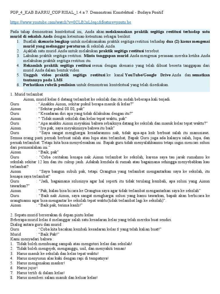 PGP - 4 - KAB - BARRU - CGP RISAL - 1.4.a.7. Demonstrasi Konstektual - Budaya Positif | PDF