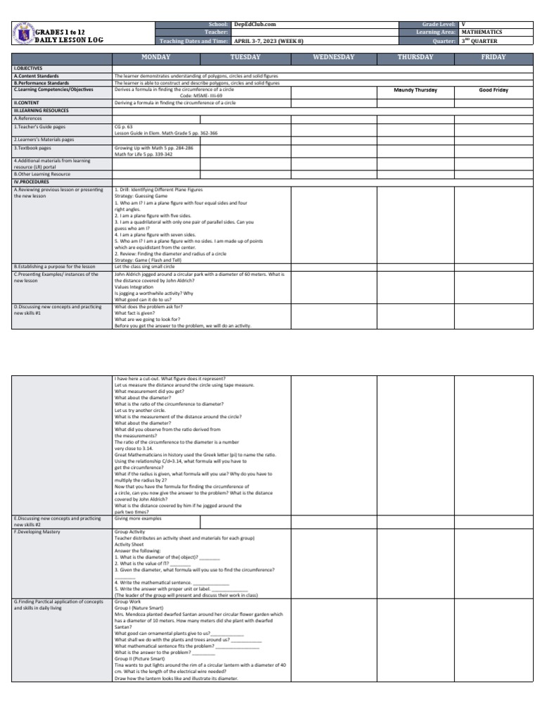 Grade 5 Math Lesson: Circumference | PDF | Circle | Differentiated ...