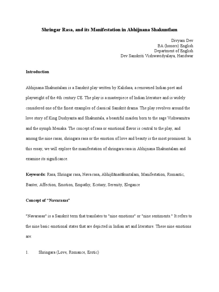 Shringar Rasa, and Its Manisfestation in Abhijanana Shakuntalam | PDF ...