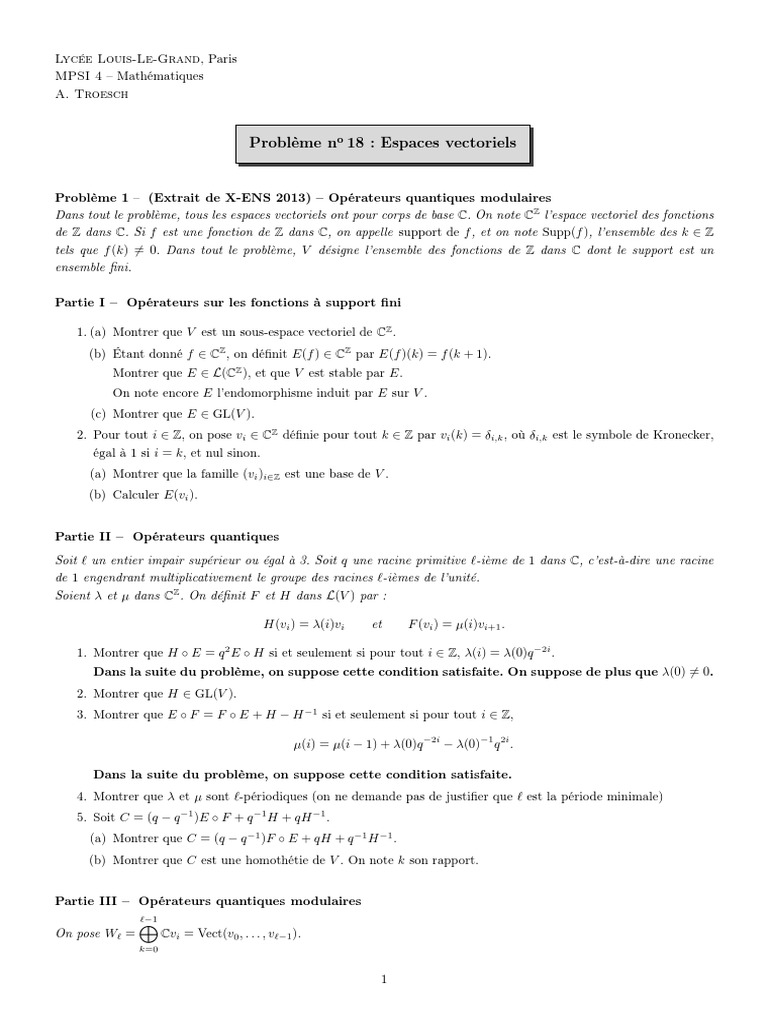 Opérateurs quantiques modulaires en MPSI 4 | PDF | Espace vectoriel ...