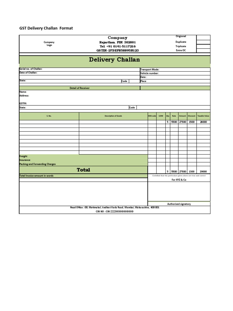 GST Delivery Challan Format | PDF
