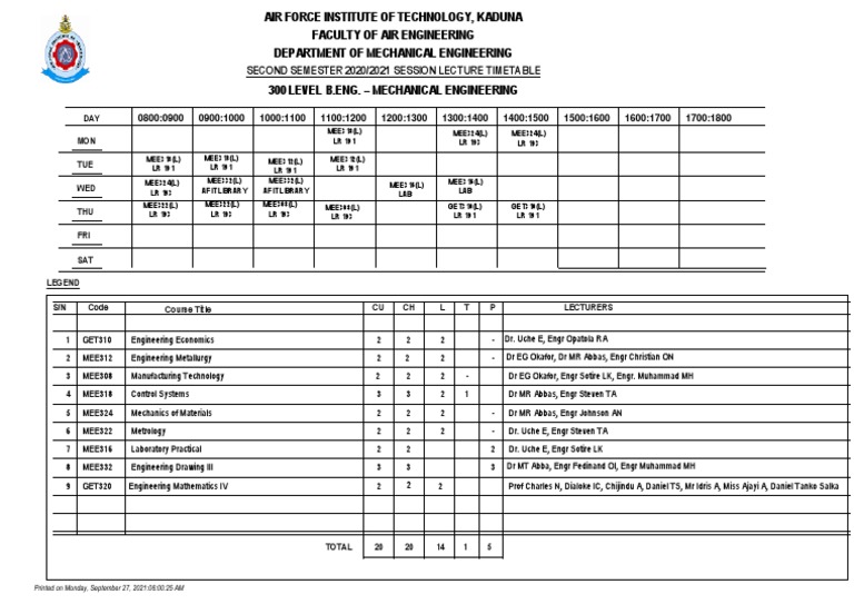 Updated 300L Mechanical Engg Second Semester Timetable | PDF | Science | Physical Sciences