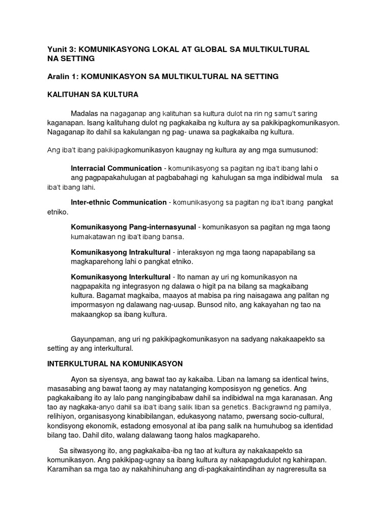 Yunit 3: Komunikasyong Lokal at Global Sa Multikultural Na Setting ...
