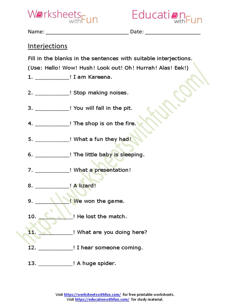 Interjection Fill-in-the-Blank Worksheet | PDF | Language Arts & Discipline
