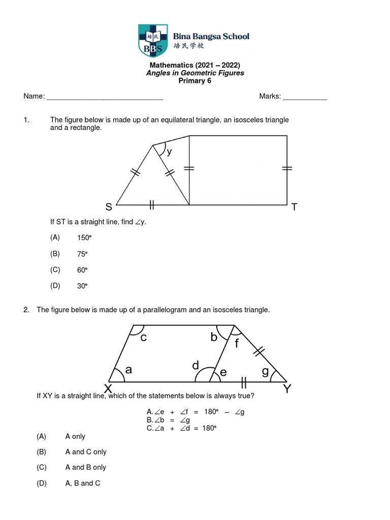 Primary 6 Geometry Angles Quiz | PDF