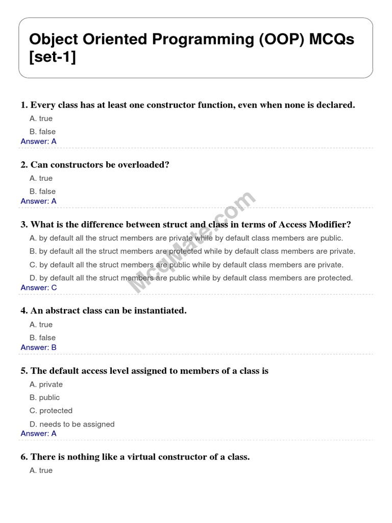 Object Oriented Programming (OOP) Solved MCQs (Set-1) | PDF Object Oriented Programming (OOP) Solved MCQs (Set-1) | PDF