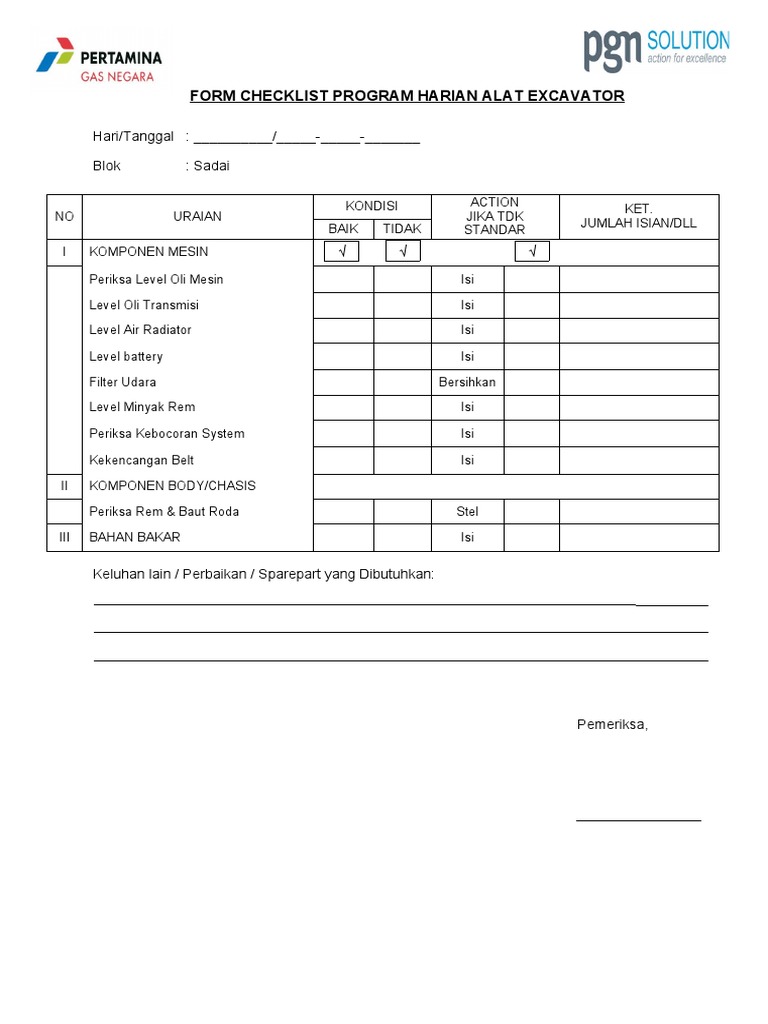 1 Form Checklist Program Harian Alat Excavator | PDF