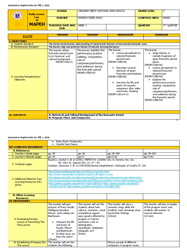 MAPEH Grade 9 Music Lesson Plan | PDF | Romantic Music | Composers