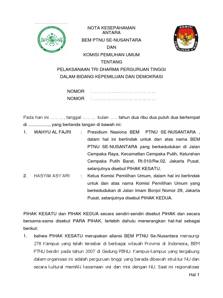 Draft MoU KPU-BEM PTNU | PDF | Hukum
