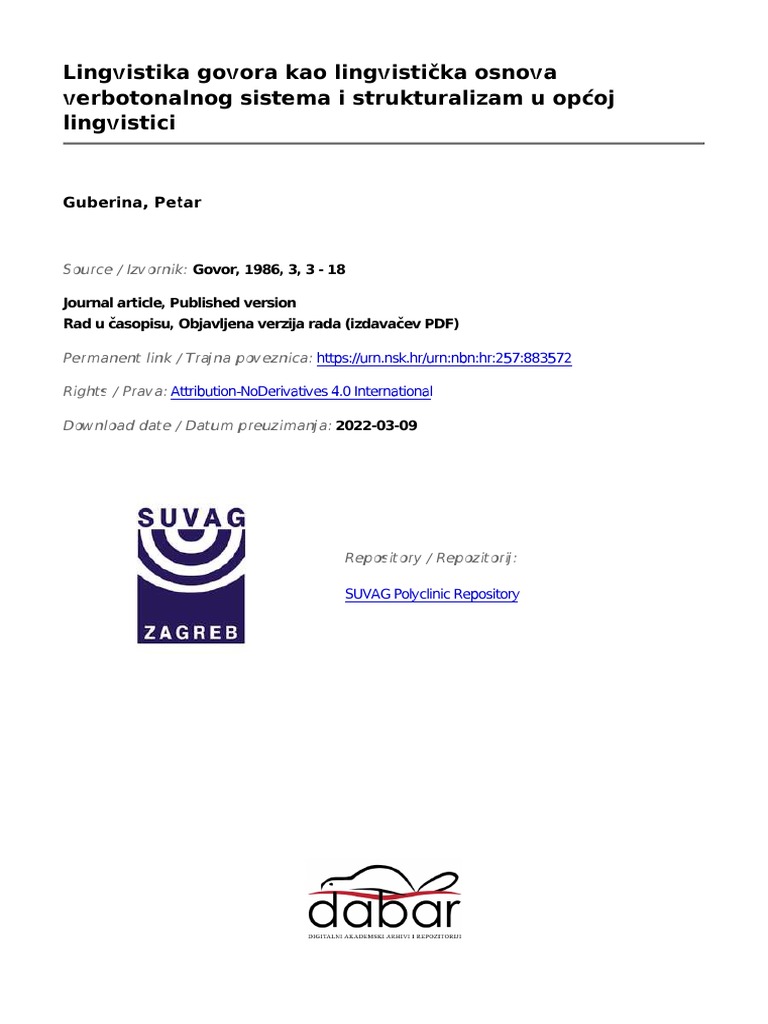 Guberina-1986-Lingvistika Govora Kao Lingvisticka Osnova | PDF