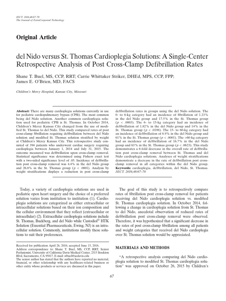 Del Nido Versus St. Thomas Cardioplegia Solutions: A Single-Center ...