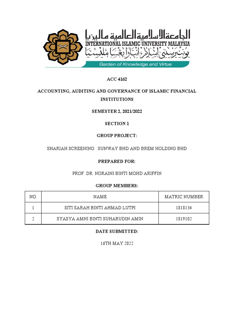 ACC 4162 Accounting, Auditing and Governance of Islamic Financial Institutions SEMESTER 2, 2021/ ...