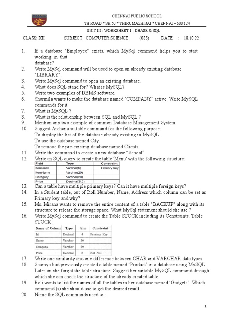Class: Xii Subject: Computer Science (083) DATE: 18.10.22 | PDF | Databases | Relational Database