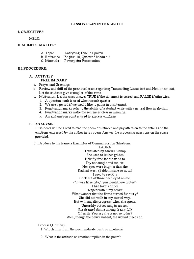 Analyzing Tone in English 10 Lesson Plan | PDF | Poetry | Learning