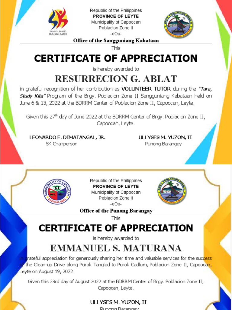 Certificate of Appreciation SK | PDF | Government | Philippines