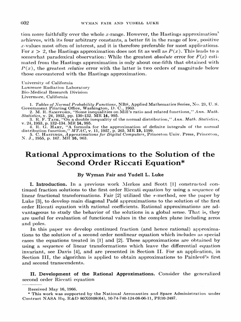 Second Order Riccati Equation : Rational Approximations To The Solution ...