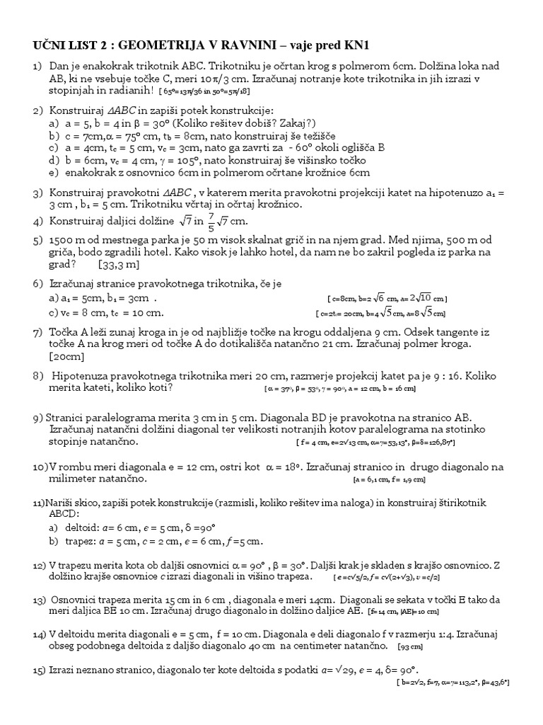 Učni List 2: Geometrija V Ravnini - Vaje Pred Kn1 | PDF