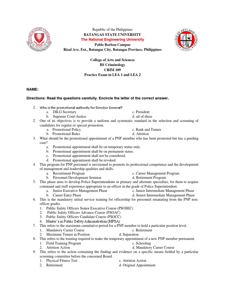 LEA 1 and LEA 2 Practice Exam | PDF | Police | Organized Crime