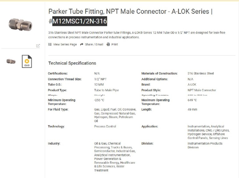 M12MSC1 - 2N-316 - Parker Tube Fitting, NPT Male Connector - A-LOK | PDF