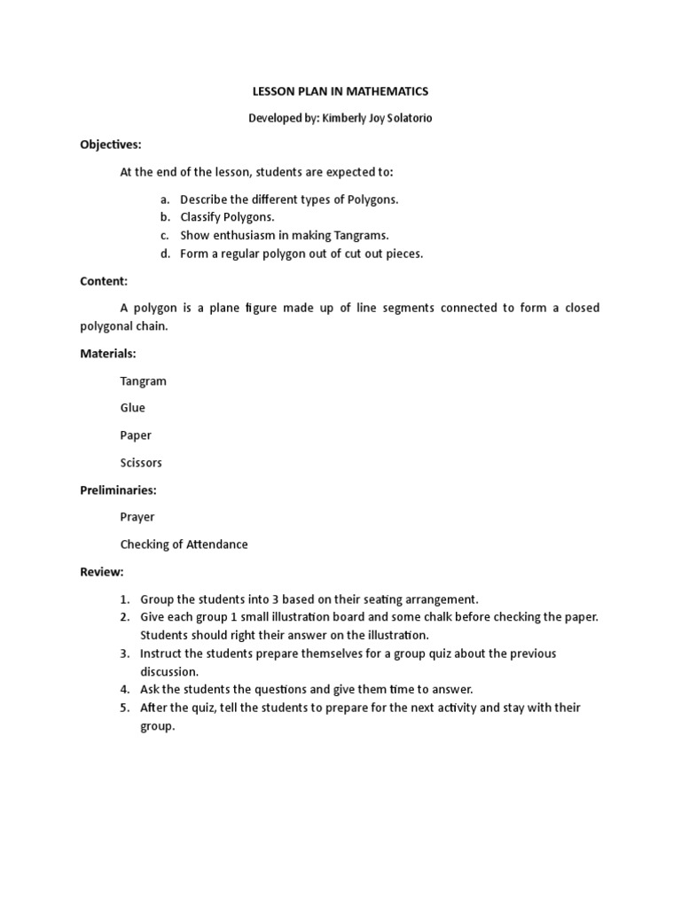 Lesson Plan in Mathematics: Developed By: Kimberly Joy Solatorio | PDF ...