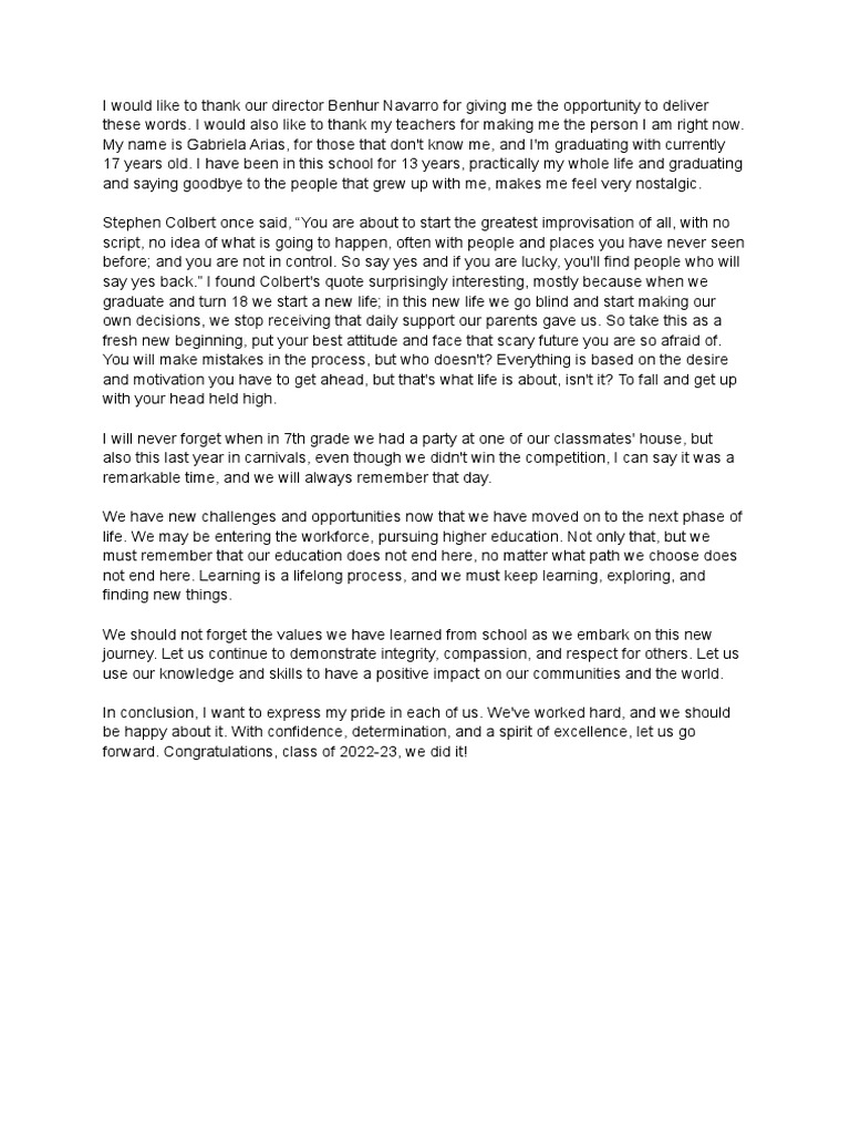 Graduation Speech by Gabriela Arias | PDF