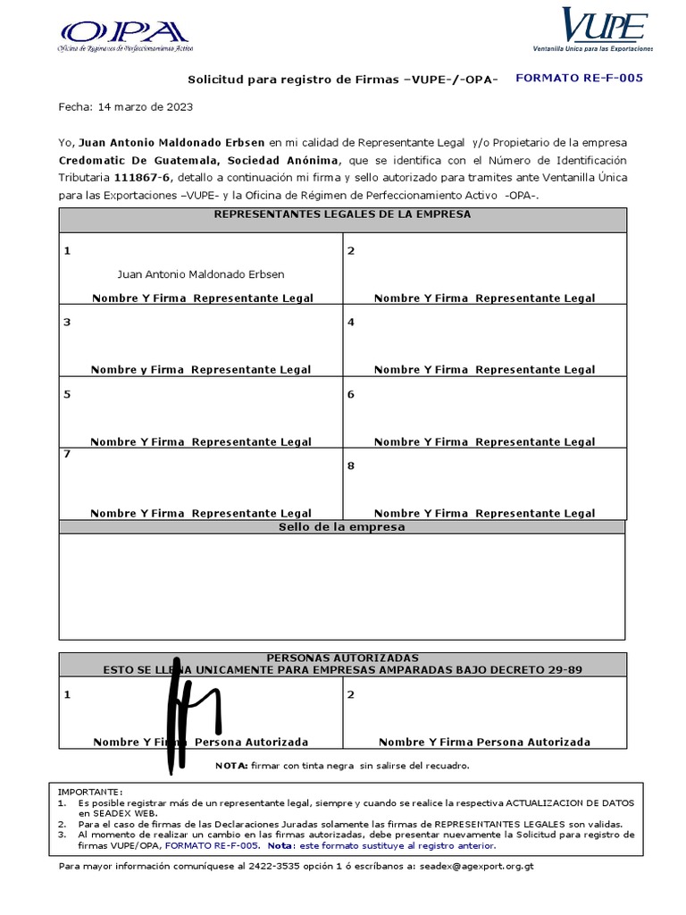 Solicitud para Registro de Firmas - VUPE-/-OPA-: Formato Re-F-005 | PDF | Derecho
