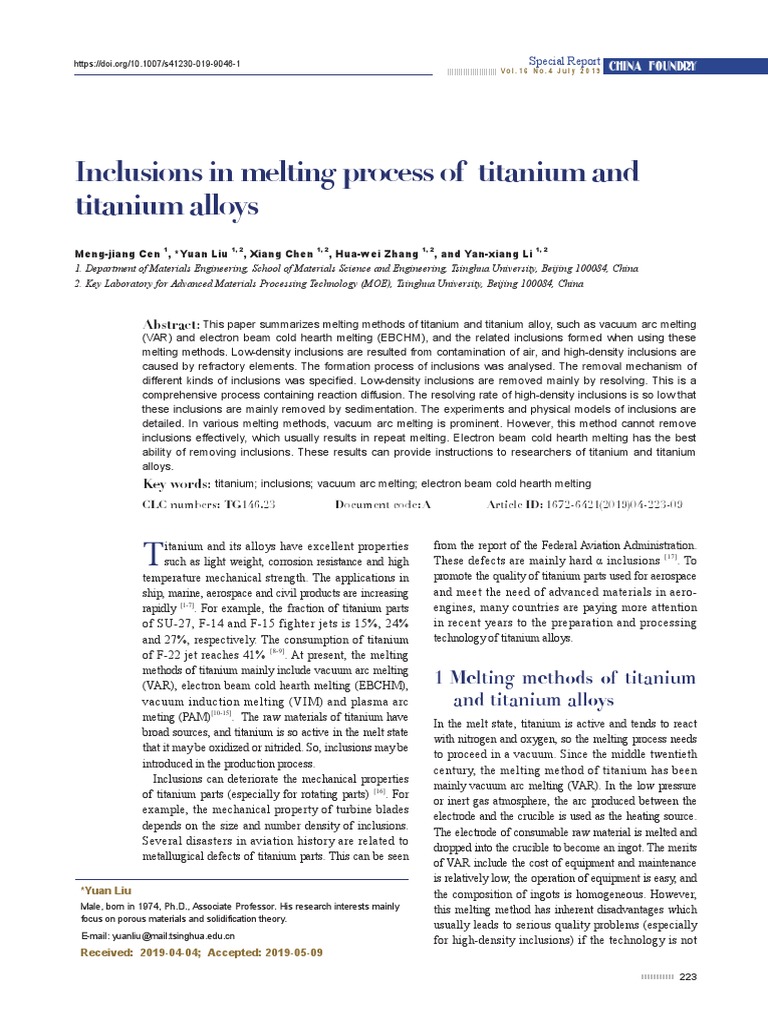 Inclusions in Melting Process of Titanium and Titanium Alloys | PDF | Titanium | Construction