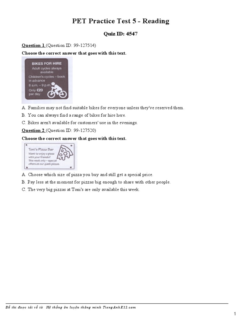 PET Practice Test 5: Reading Section | PDF | Beach