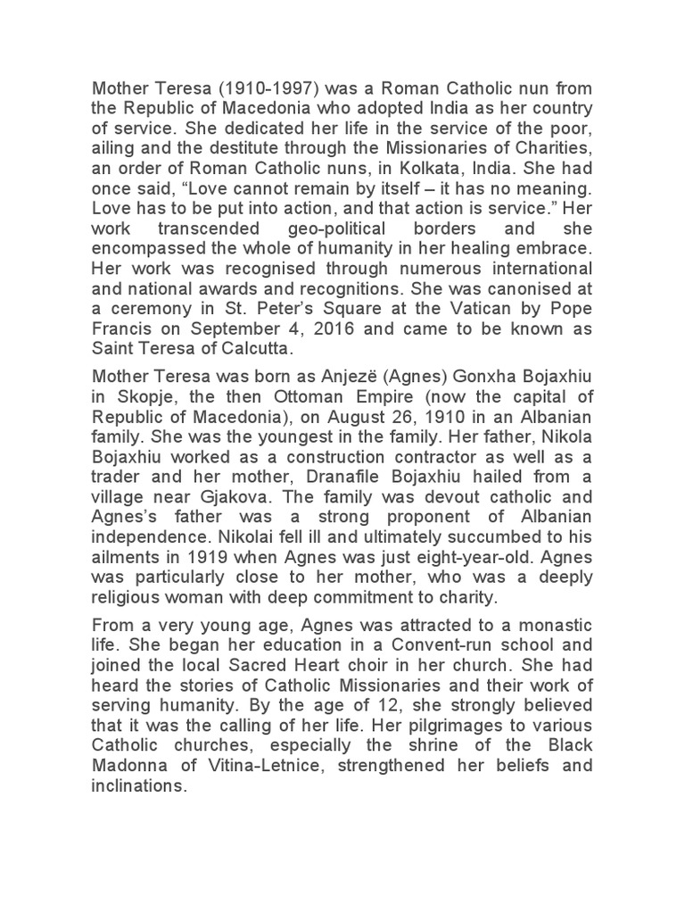 Moter Teresa Information | PDF | Mother Teresa | Catholic Church
