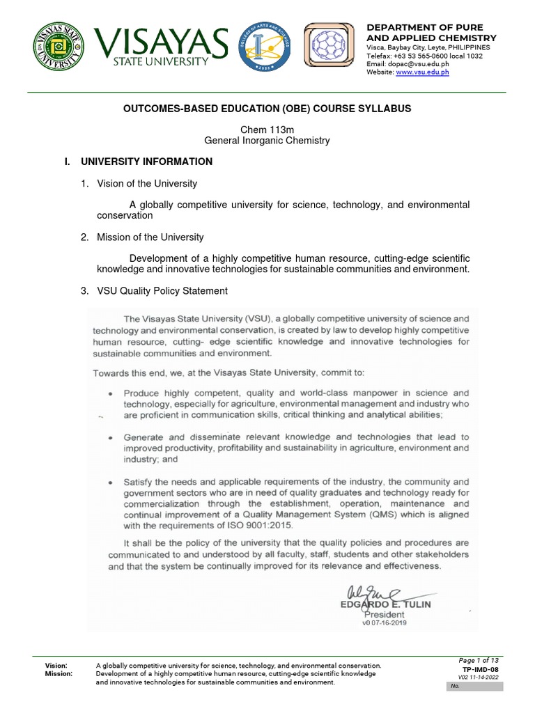 Chem 113m NEW Syllabus OBE 2023 | PDF | Chemical Bond | Gases