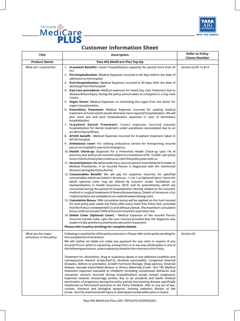 Customer Information Sheet: Title Description Refer To Policy Clause ...