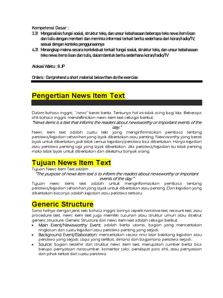 Pengertian News Item Text: Kompetensi Dasar | PDF