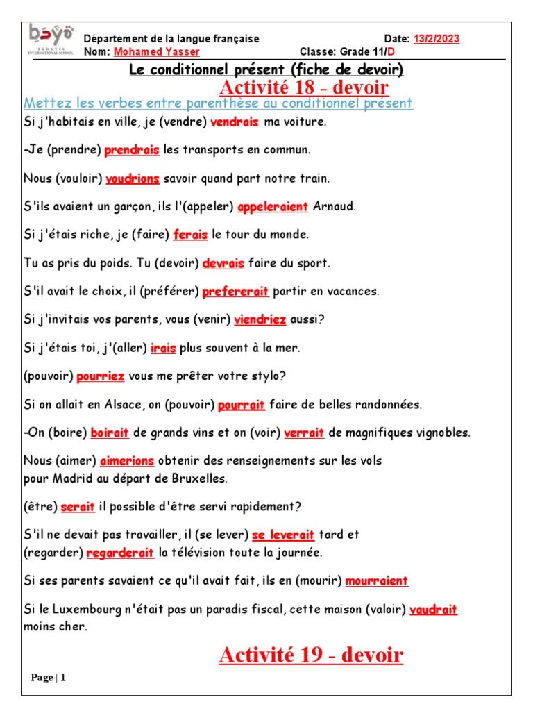 Devoir - Le Conditionnel Présent | PDF | Arts du langage et discipline