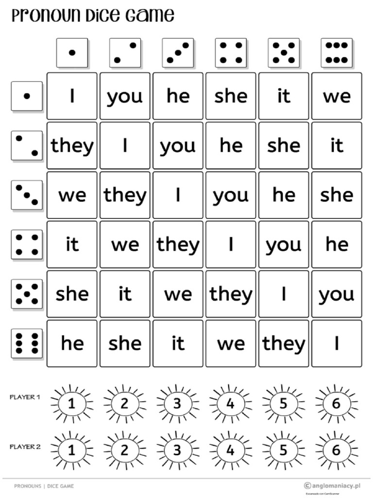 Grammar Games Pronouns Dice | PDF