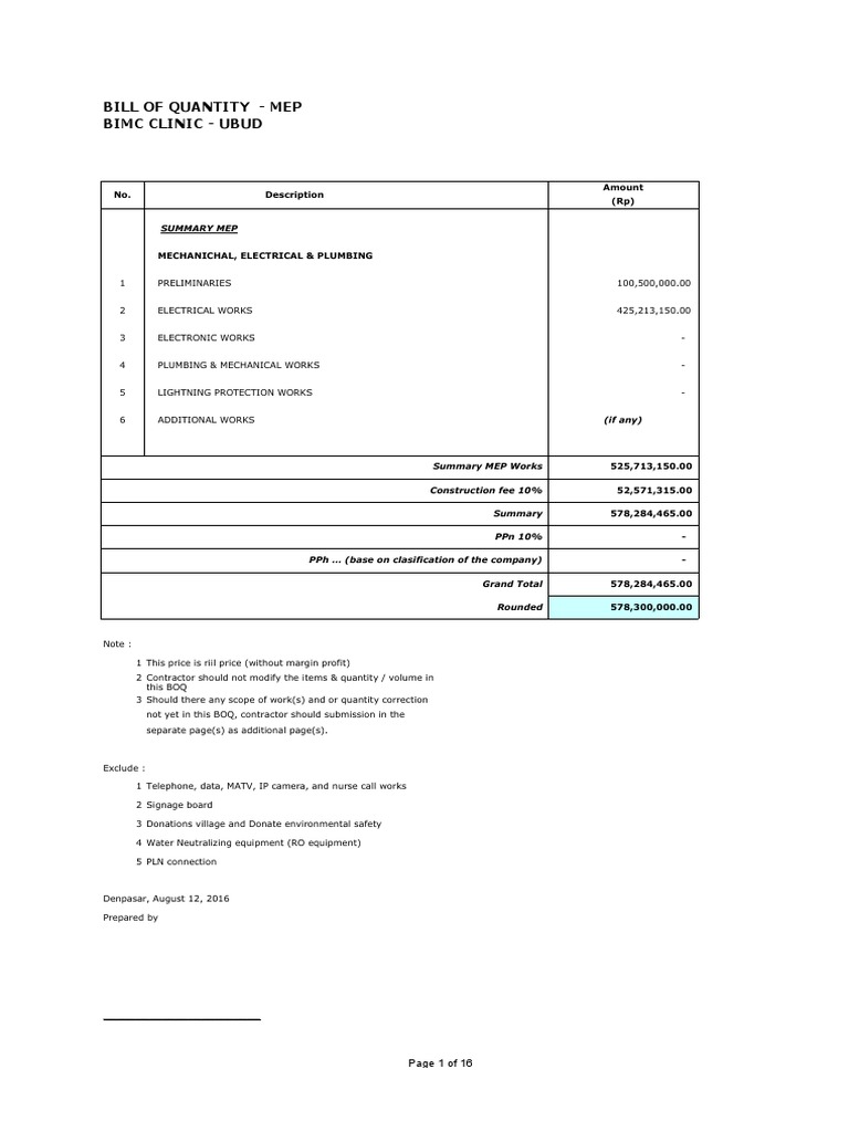 Boq Mep Bimc Clinic Ubud Blank | PDF