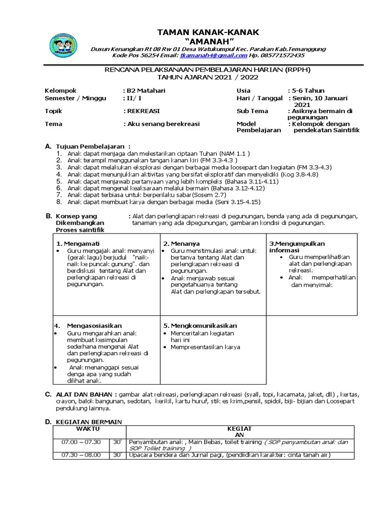 RPPH Tema Rekreasi untuk TK | PDF