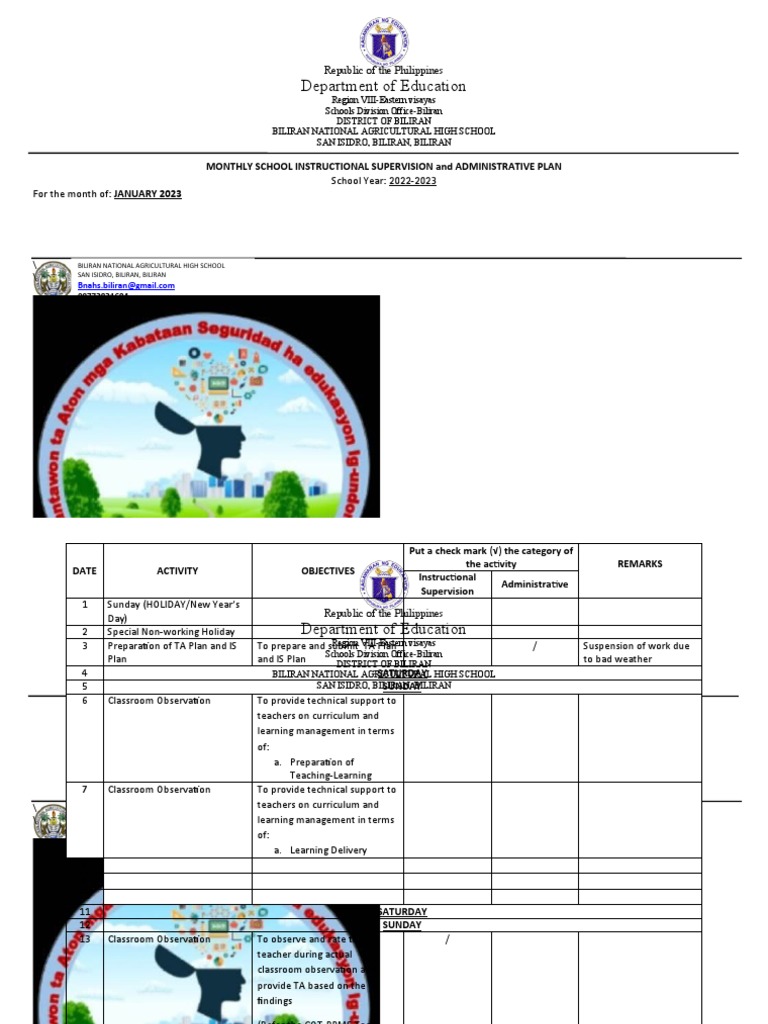 Monthly School Supervision and Administrative Plan | PDF | Pedagogy ...