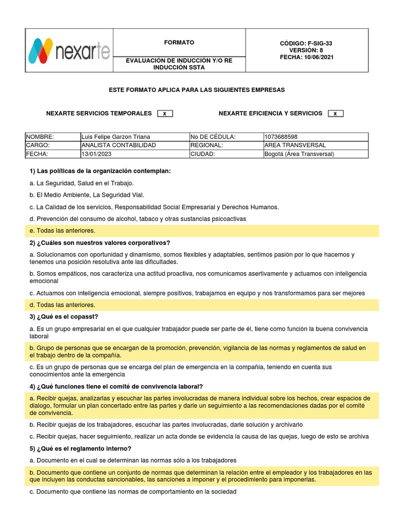 Formato Código: F-Sig-33 Versión: 8 FECHA: 10/06/2021 Evaluación de Inducción Y/O Re Inducción ...