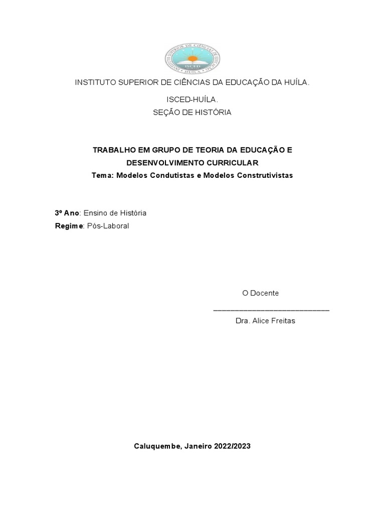 Instituto Superior de Ciências Da Educação Da Huíla. Isced-Huíla. Seção ...