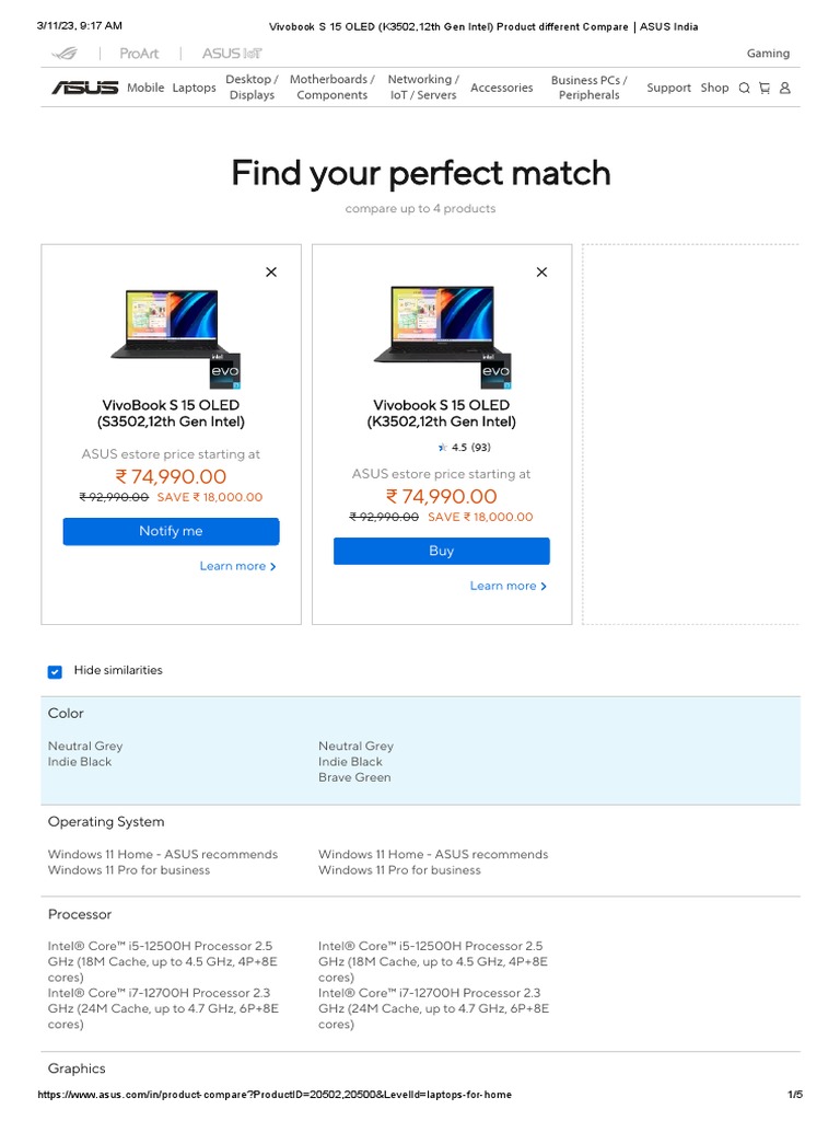 Vivobook S 15 OLED (K3502,12th Gen Intel) Product Different Compare ...